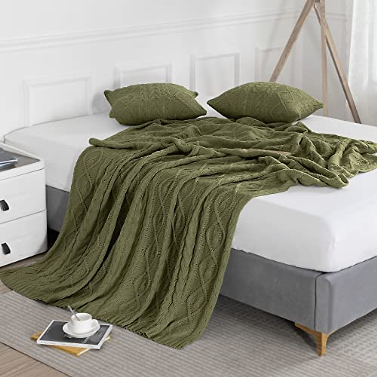 Milvowoc Olive Green Throw Blanket and Pillow Covers Set, 50" x 60" Cable Knit Throw Blanket + 2 Pieces 18" x 18" Knitted Throw Pillowscase, Decorative Throw Blankets Knitted Blanket for Sofa Couch