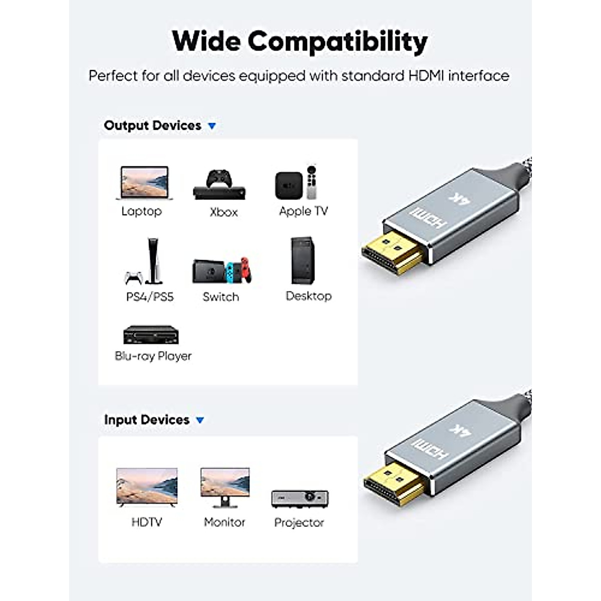 Capshi 4K HDMI Cable 6.6 ft, High Speed 18Gbps HDMI Cable,4K, 3D, 2160P, 1080P, Ethernet - 28AWG Braided HDMI Cord - Audio Return(ARC) Compatible UHD TV, Blu-ray, PS4, PS3, PC