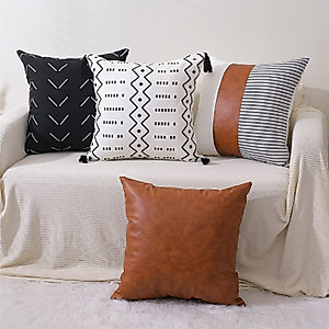 Learife Boho Pillow Covers 18 * 18 Inch Set of 4 Modern Neutral Striped Geometric Faux Leather Farmhouse Pillow Covers for Sofa, Bed, Home Decor (Multi 4pc)