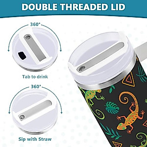 Caikeny Insulated Tumblers with Lid and Straw Tropical Lizards Leaves 40 oz Reusable Stainless Steel Cup Palm Leaf Water Bottle Coffee Travel Tumbler Mug for Women Men