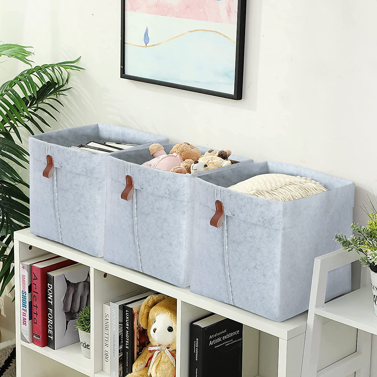 Felt Storage Basket, Fabric Cloth Storage Bin Collapsible Organizer Basket with Handle for Cloth Toys Fordable Cloth Bin for Bedroom Playroom Office Hard Bottom (large, gray)