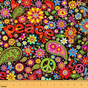 Feelyou Hippie Peace Art Fabric by The Yard,Vintage Floral Upholstery Fabric for Chairs,Peace Sign Artwork Botanical Flowers Natural Theme Colorful Decorative Waterproof Outdoor Fabric, 1 Yard,