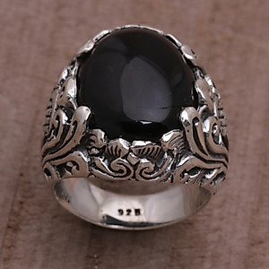 NOVICA Artisan Handmade Onyx Cocktail Ring Crafted Floral Sterling Silver Black Red Indonesia Birthstone [crownbezel 0.9 in H x 0.9 in W x 0.3 in D Band Width 5 mm W] ' Night Bloom'