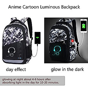 Lmeison Anime Cartoon Luminous Backpacks, Cool Bookbag for Boys Waterproof School Bag with USB Charging Port for Middle High School Unisex 15.6in Laptop Backpack for Student, Trend Graffiti Grey