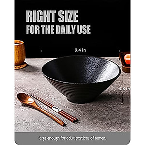 Lareina Ceramic Japanese Ramen Bowls, 2 Sets (6 Piece) 60 Ounce, Large Noodle Soup Bowl with Matching Chopsticks and Spoons for Asian Pho Udon Soba, Matting Black