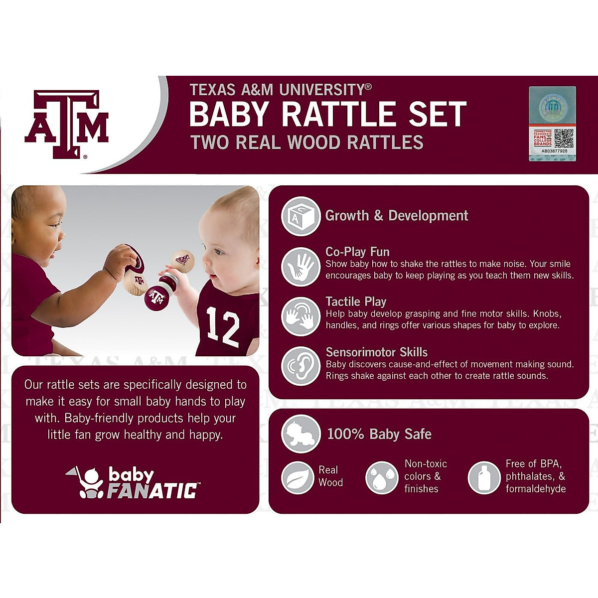 BabyFanatic Wood Rattle 2 Pack - NCAA Texas A&M Aggies - Officially Licensed Baby Toy Set