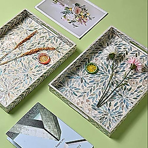I-lan Creative Rectangular Mother of Pearl Shell Severing Tray Lacquer Wooden Decorative Tray Handmade Shell Serving Tray (35cm)