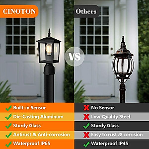 CINOTON Dusk to Dawn Outdoor Post Light Fixtures, Modern Exterior Post Lantern 6-Inch with Pier Mount Base, Aluminum Lamp with Clear Glass Waterproof for Garden Patio Pathway Deck