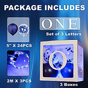 FIGEPO First Birthday Balloons Boxes with 3 LED String Lights and 12 Blue Balloons 12 Confetti Balloons ONE Transparent White Blocks for Baby Boy 1st Birthday Decorations baby shower Photo Shoot Prop