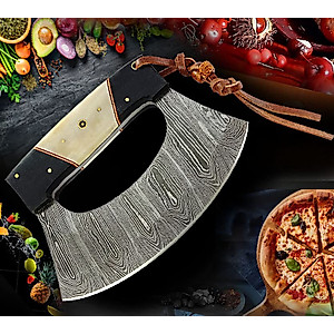 Damascus Steel alaskan Ulu Knife - Fixed Blade knife for Chopping Boning Slicing Cutting with Leather Sheath. SM149