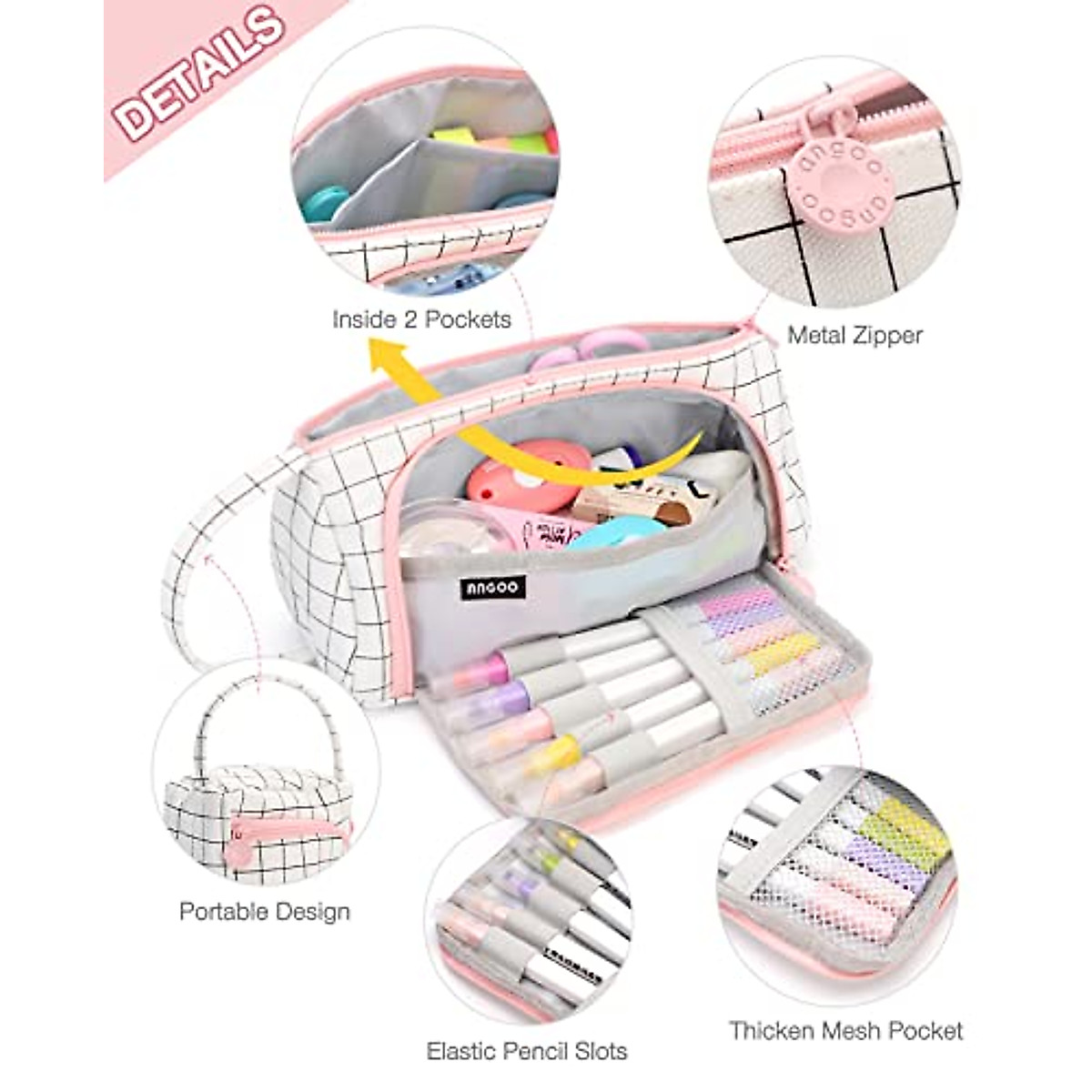 Large Capacity Pencil Case Pen Bag, Pencil Bag Stationery Storage Pencil Pouch, Handheld Makeup Pouch Holder Multi-Compartment Organizer College School Office Supplies for Teen Christams Gift(Grid)