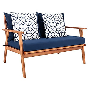 SAFAVIEH Outdoor Collection Deacon Acacia Wood Cushion 4-Piece Conversation Patio Set with Accent Pillows PAT7050E, Navy/Natural