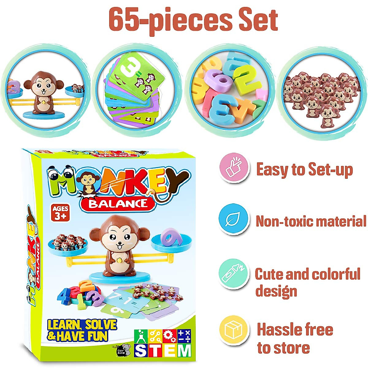 CozyBomB™ Monkey Balance Counting Toys Cool Math Games - STEM Preschool Educational Toys for 3 4 5 Year olds Cool Math Educational Kindergarten - Number Toddler Learning Games for Boys and Girls