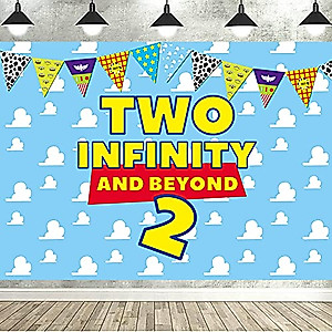 HEETON Two Infinity and Beyond Backdrop Buzz Banner Light Year Toy Inspired Story 2nd Birthday Balloons Party Supplies Decorations Photo Prop for Girl Boy Baby Background -7 x 5ft