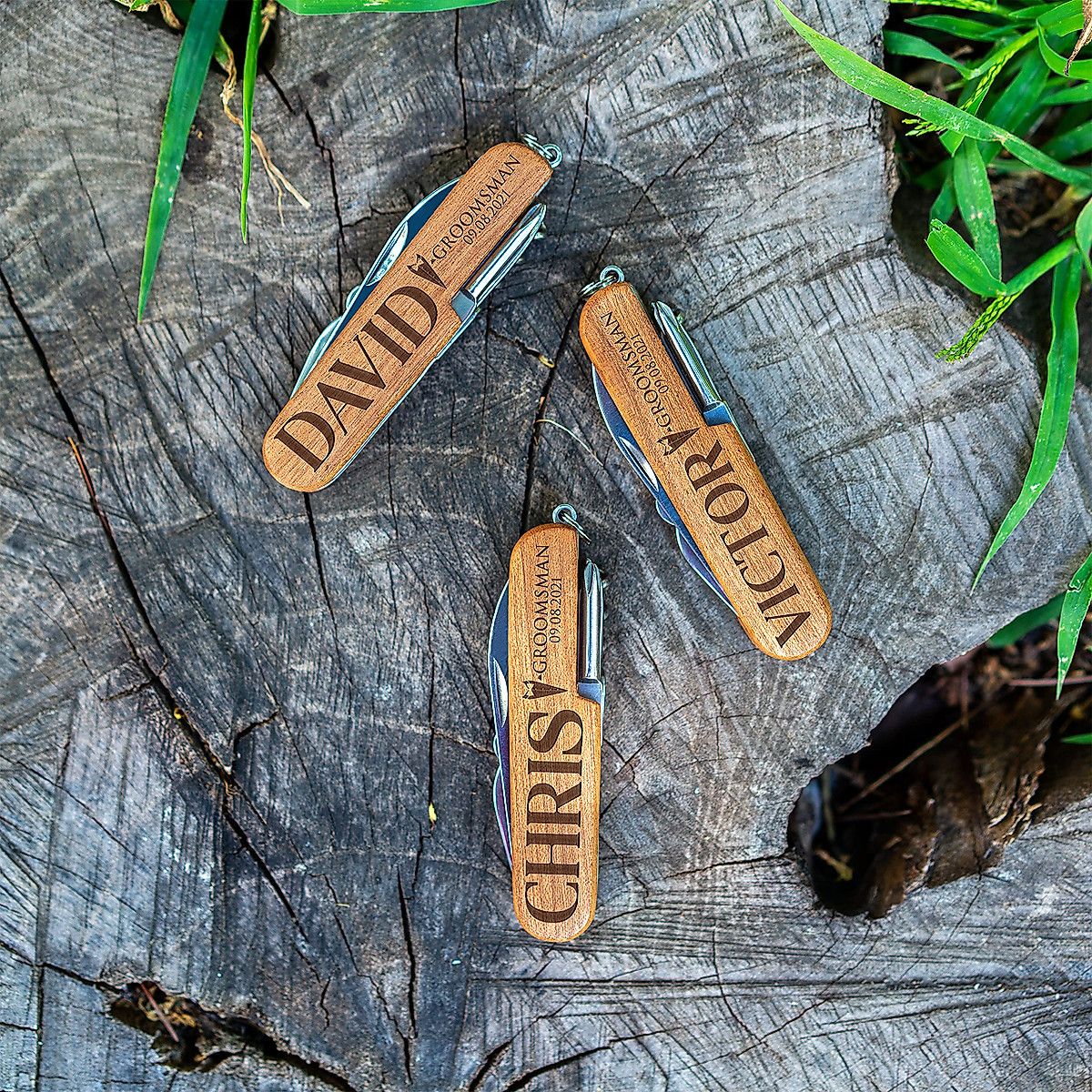Set of 6 - Personalized Pocket Knife for Groomsmen - 8-Function Multi-Tool Custom Knives - Engraved - Groomsmen Gifts for Wedding, Groomsman Proposal Gifts