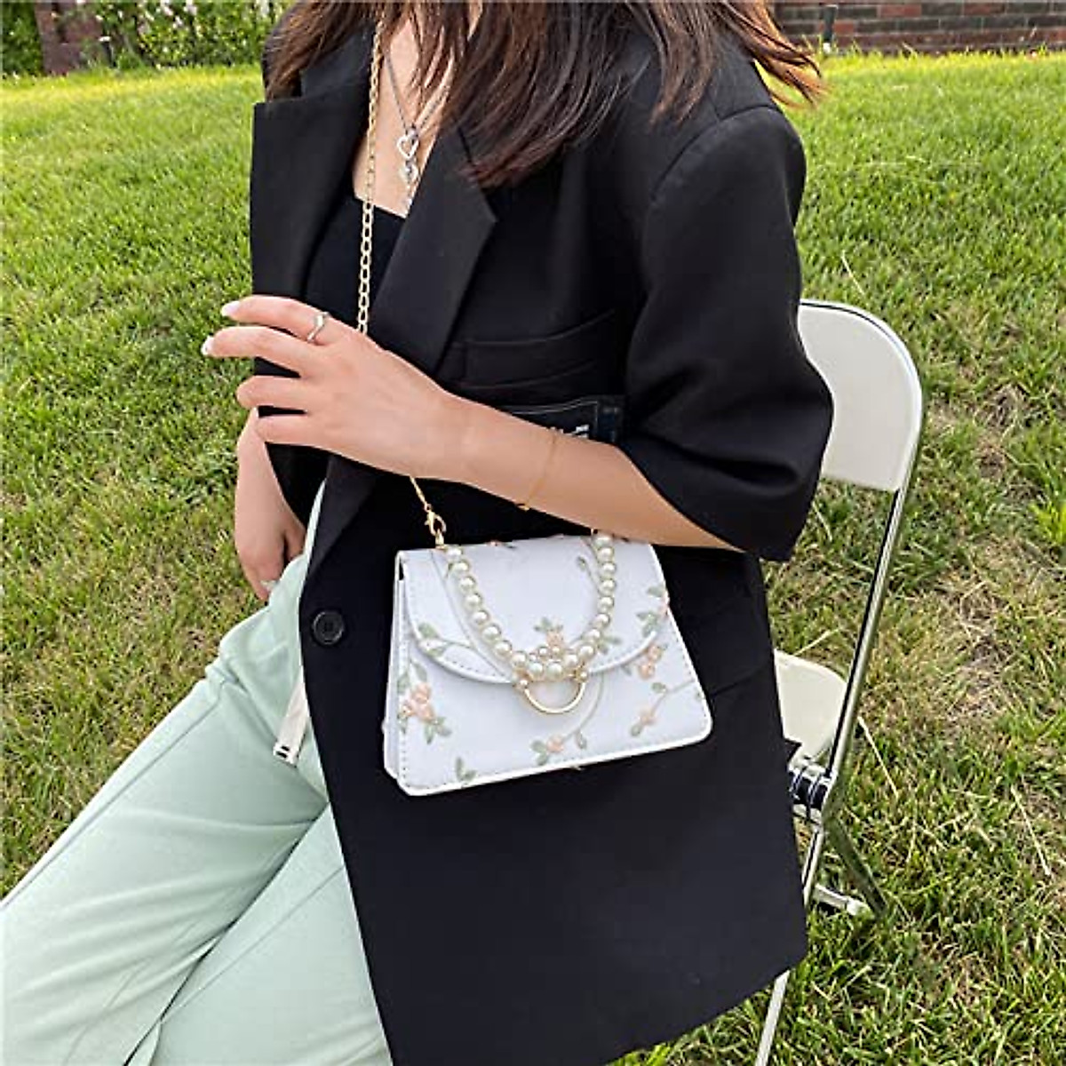 FAJIA Small Embroidered Satchel Crossbody Bag PU Leather Handbag with Faux Pearl Top Handle for Women, White