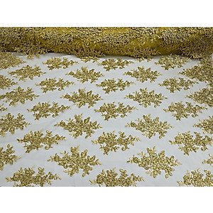 New Creations Fabric & Foam Inc, 50" Wide Floral Design Embroidery On A Mesh Lace with Sequins and Cord Fabric (1 Yard, Metallic Gold)
