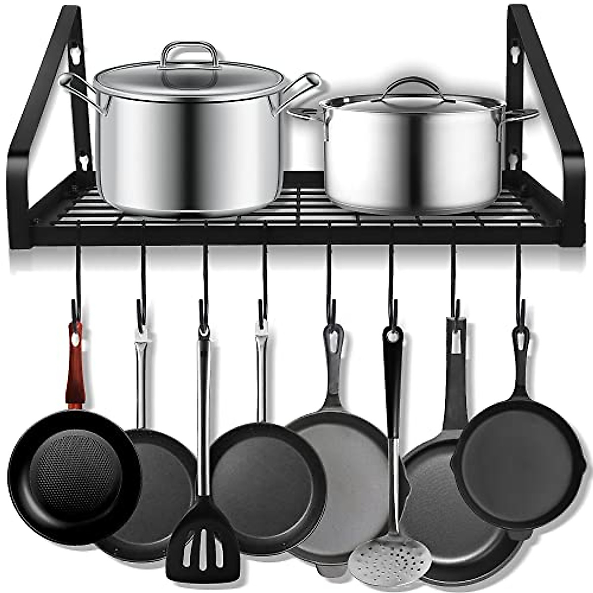 Felibeaco Hanging Pot Rack,Wall-Mounted Pots and Pans Organizer Rack with 8 Removable Hooks, Kitchen Wall Organizer Storage Shelf for Pan Set, Utensils, Cookware, Books, Household 2 DIY Methods,Black