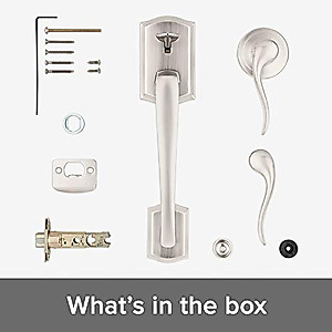 Kwikset Prescott Entry Door Handleset and Lever, Stylish Front Door Handle Featuring Microban Protection, Non-Locking, Deadbolt Not Included, Satin Nickel