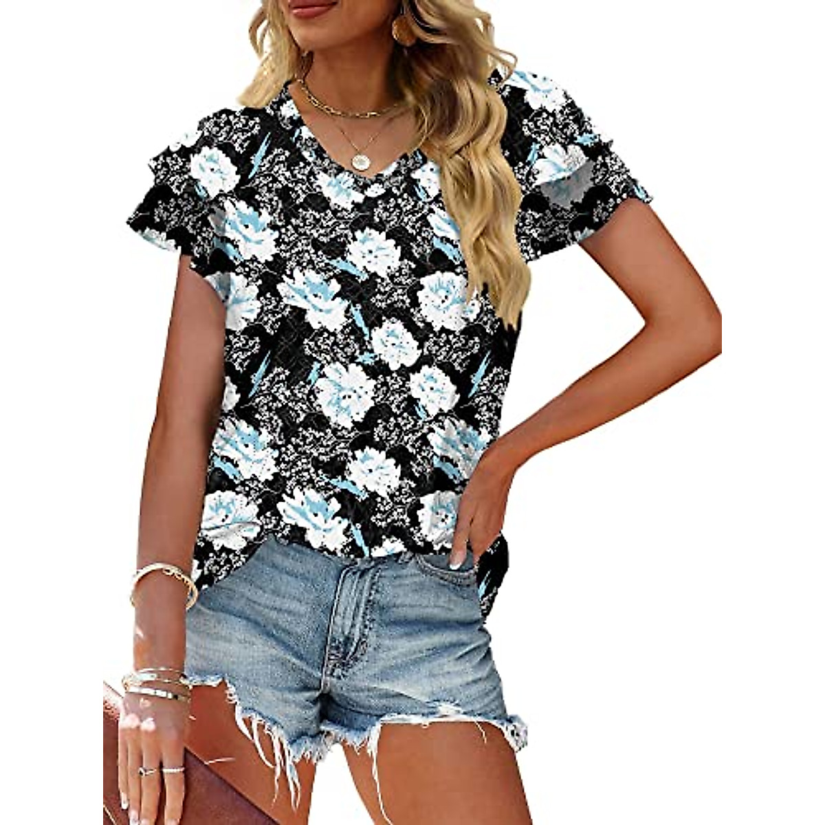 Shirts for Women Summer V Neck Ruffle Sleeve Tunic Tops to Wear with Leggings XL