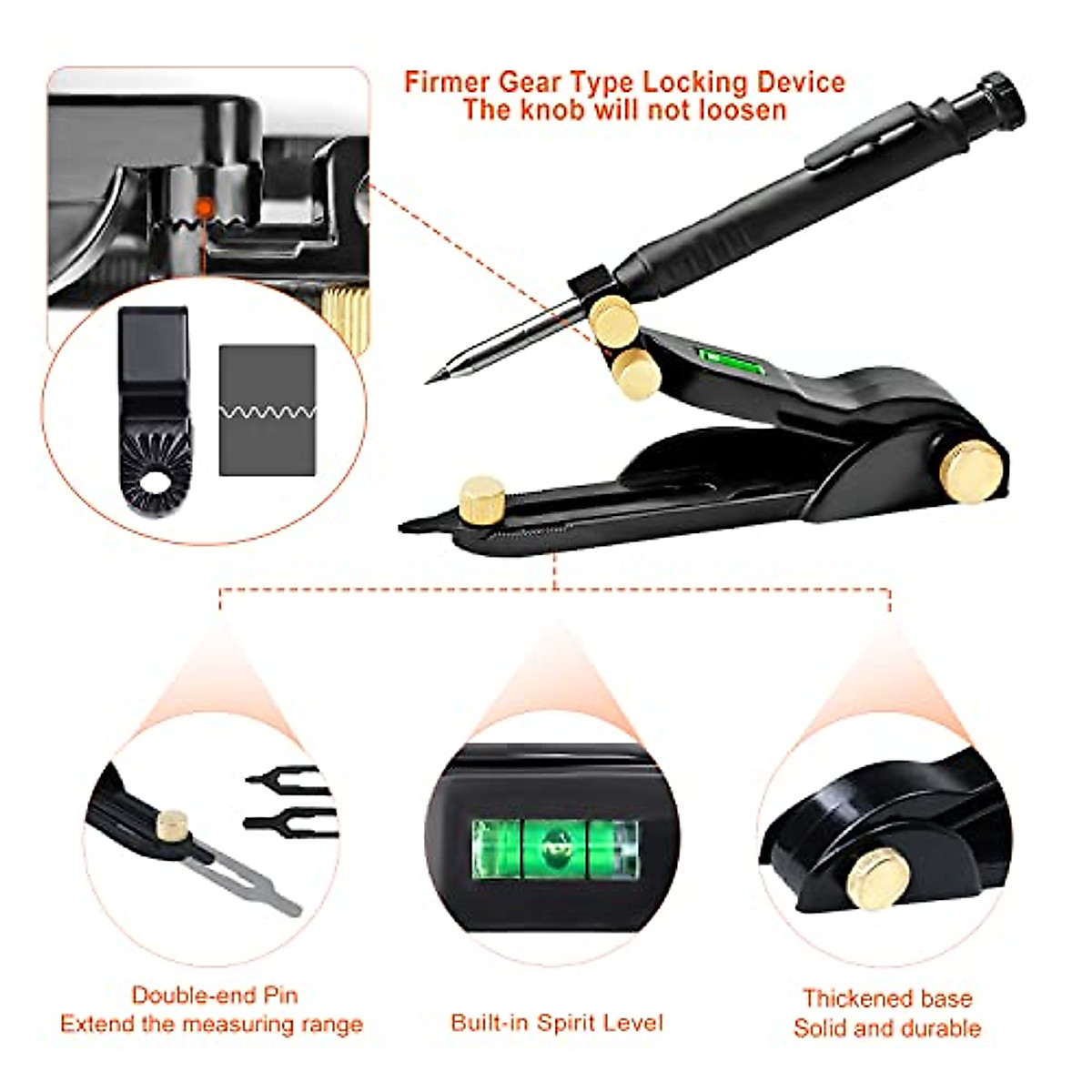 MARSBASE Multi-function Scribing Tool with Carpenter Pencils Aluminum Alloy Scribe Tool with Deep Hole Pencil Built-in Level, Scriber Marking Tools for Woodworking Line Marker
