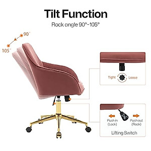 KCC Velvet Home Office Desk Chair with Gold Base, Modern Height Adjustable 360° Swivel Upholstered Vanity Chairs with Arms for Living Room Bedroom, Rose