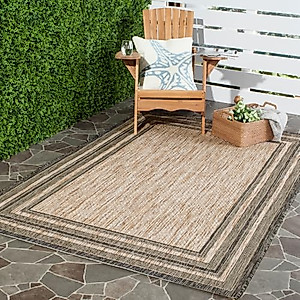 SAFAVIEH Courtyard Collection 4' x 5'7" Natural / Black CY8475 Indoor/ Outdoor Waterproof Easy-Cleaning Patio Backyard Mudroom Accent-Rug