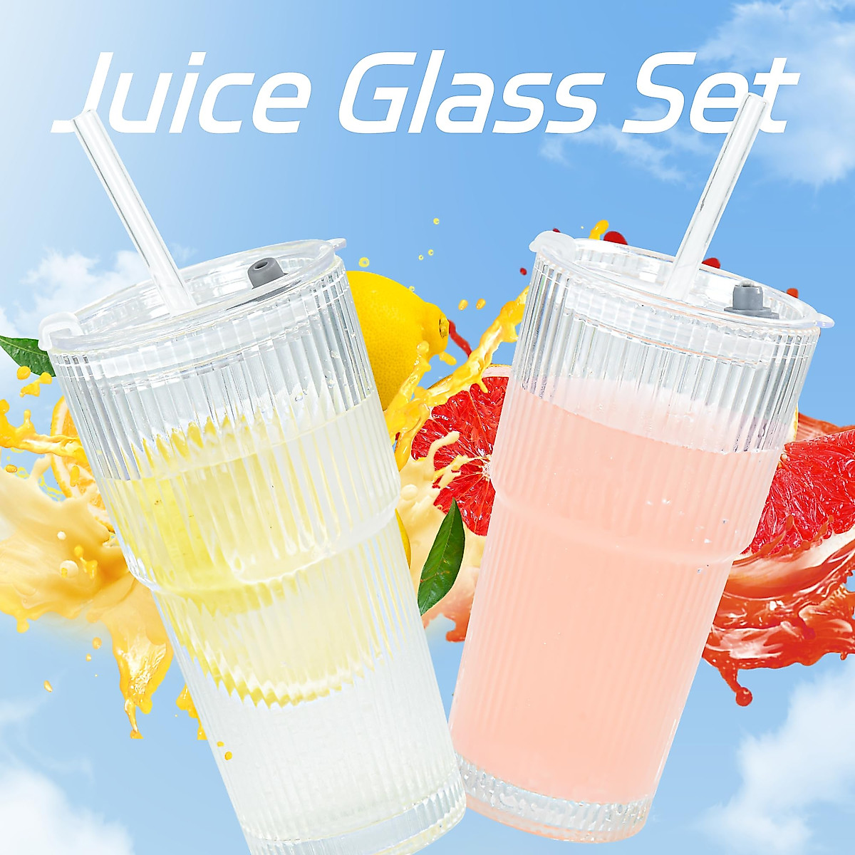 Icesip 20 oz 4 Pcs Drinking Glass Set with Straw and Lid Vertical Stripes Ribbed Iced Coffee Mugs Vintage Glass Cup for Tea Juice Soda Smoothie(Clear*4)