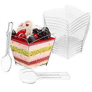 ZENFUN 100 Pack Dessert Cups with Spoons, 3.5 Oz Square Mini Dessert Pudding Cups, Clear Plastic Parfait Appetizer Cups for Mousse Cake, Parties, Wedding, Tasting