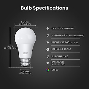 Feit Electric A19 LED Light Bulb, 60W Equivalent, Dimmable, 800 Lumens, E26 Medium Base, 5000K Daylight, CRI 90, 25,000 Hour Lifetime, UL Listed, Damp Rated, 4 Pack, OM60DM/950CA/4