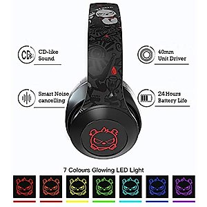 B.U Angry Bear, Bluetooth 5.0 Over Ear Headphones, Wireless/Wired, Built-in Microphone, 7-Color LED Light Display System, Deep Bass, Compatible with Smartphones, Tablets, Computers, and TV. (Black)