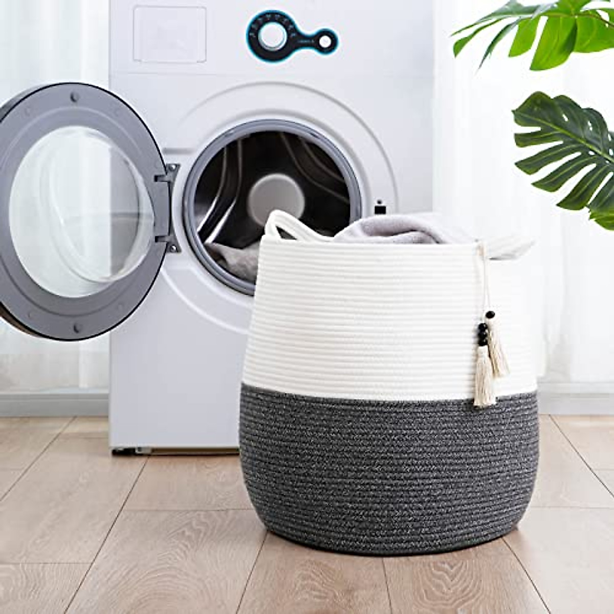 Goodpick Cute Round Storage Basket, Baby Nursery Hamper for Blankets, Clothes, Toys, Woven Rope Basket for Living Room, Decor, Toy Bin, Grey, 17.71 x 14.9 inches