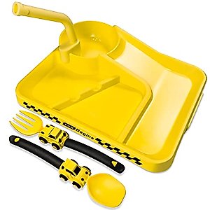 Toddler Plates - Toddler eating Utensil set with Spoon Fork and Removable Straw - Construction theme Toddler Utensils - Baby Plates Feeding set - Construction Plates and Cutlery - Yellow