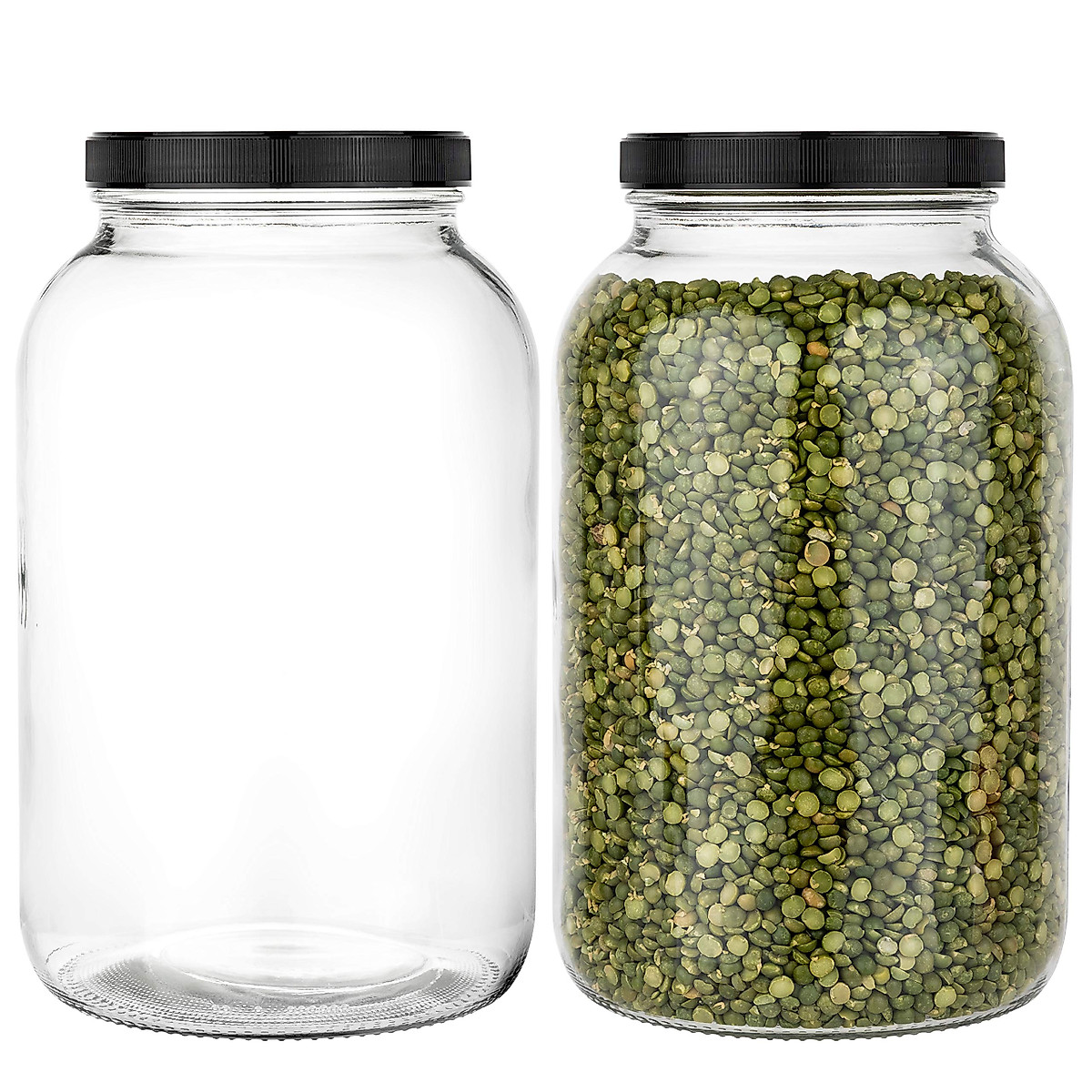 2 Pack - 1 Gallon Mason Jar - Glass Jar Wide Mouth with Plastic Lid - Container for Storing Dry Foods, Spices, Pasta, Legumes and Pet Food - Airtight Kitchen Storage (Black Cap)