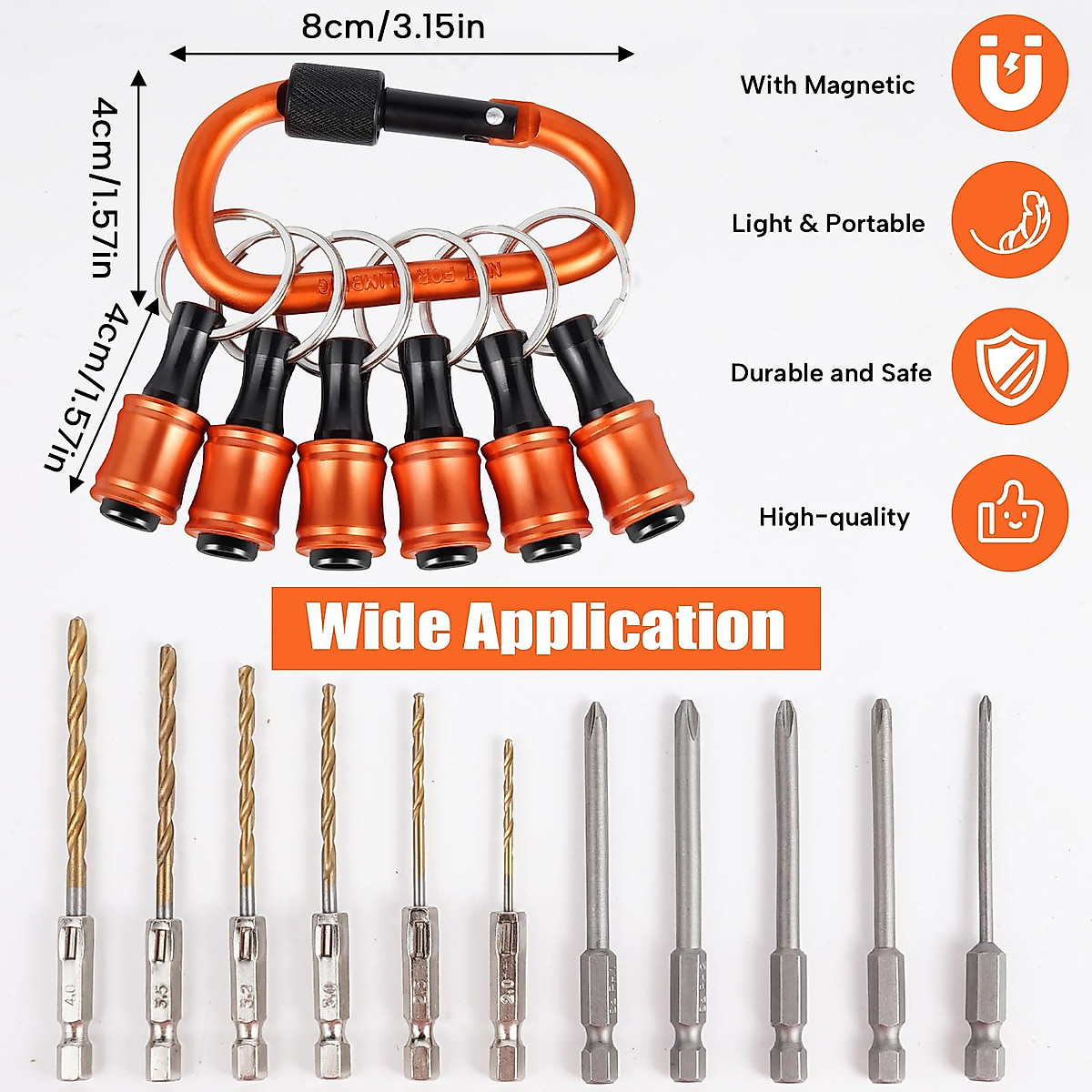 FACAINCXS 6PCS Bit Holders Keychain, 1/4 inch Hex Shank Bit Holders, Quick-Change Design for Nut Driver, Screwdriver & Drill Bits, Include Orange Keychain Carabiner Gifts for Men