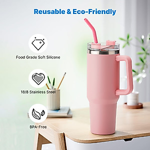 Bluwing 2 Pcs Stainless Steel Straws for 40 oz Stanley Tumbler, Replacement 40 oz Stanley Cup Straw Accessories with Silicone Tips and Cleaning Brush (Pink Dusk)