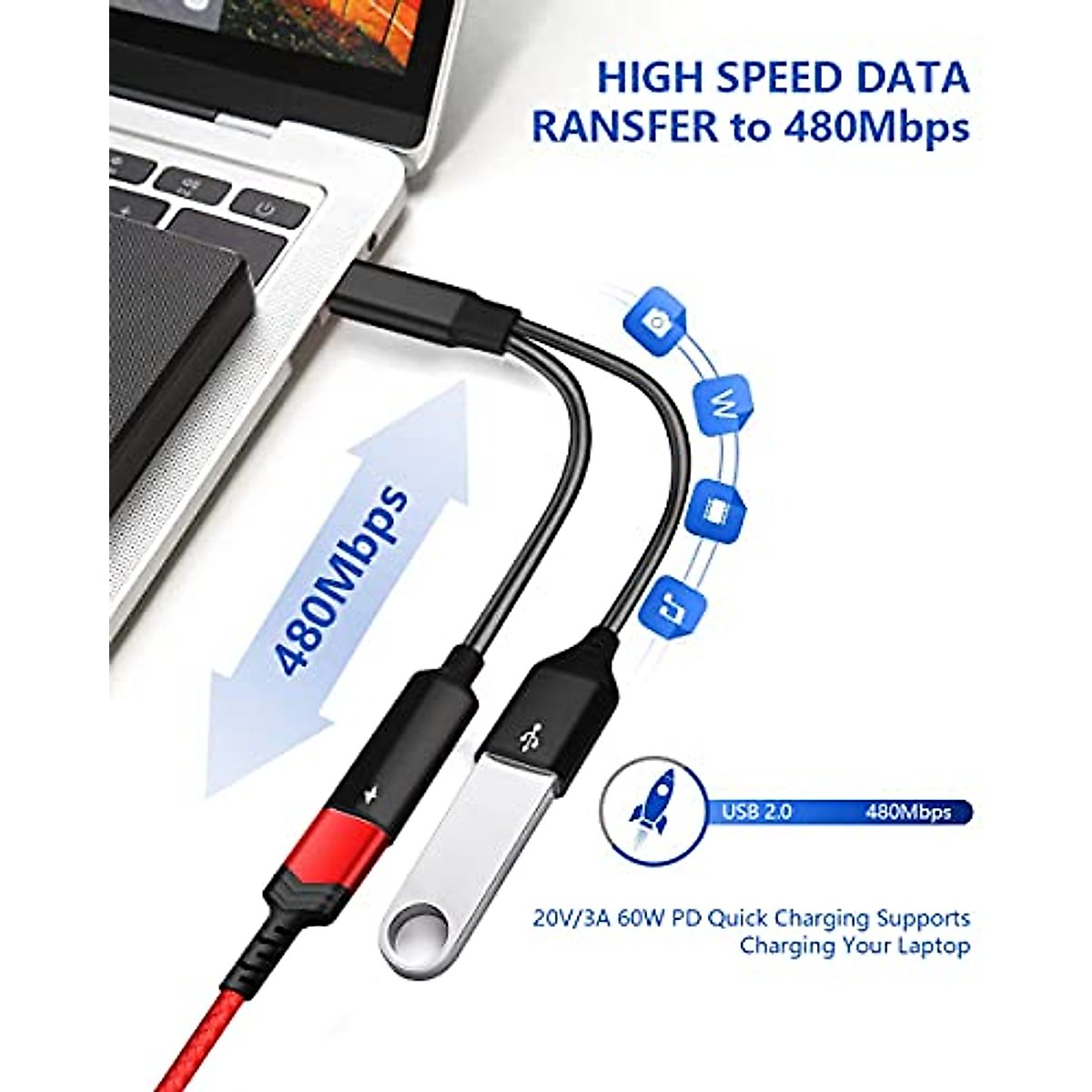USB C to USB Adapter with Type C Charging, 2 in 1 Type C 3.0 OTG Splitter with 60W PD Fast Charge Compatible for Galaxy S23 S22 S21 S20 S20+ Note 20/10,Switch,LG V40 V30 G8, Pixel4 XL,Google TV 2020
