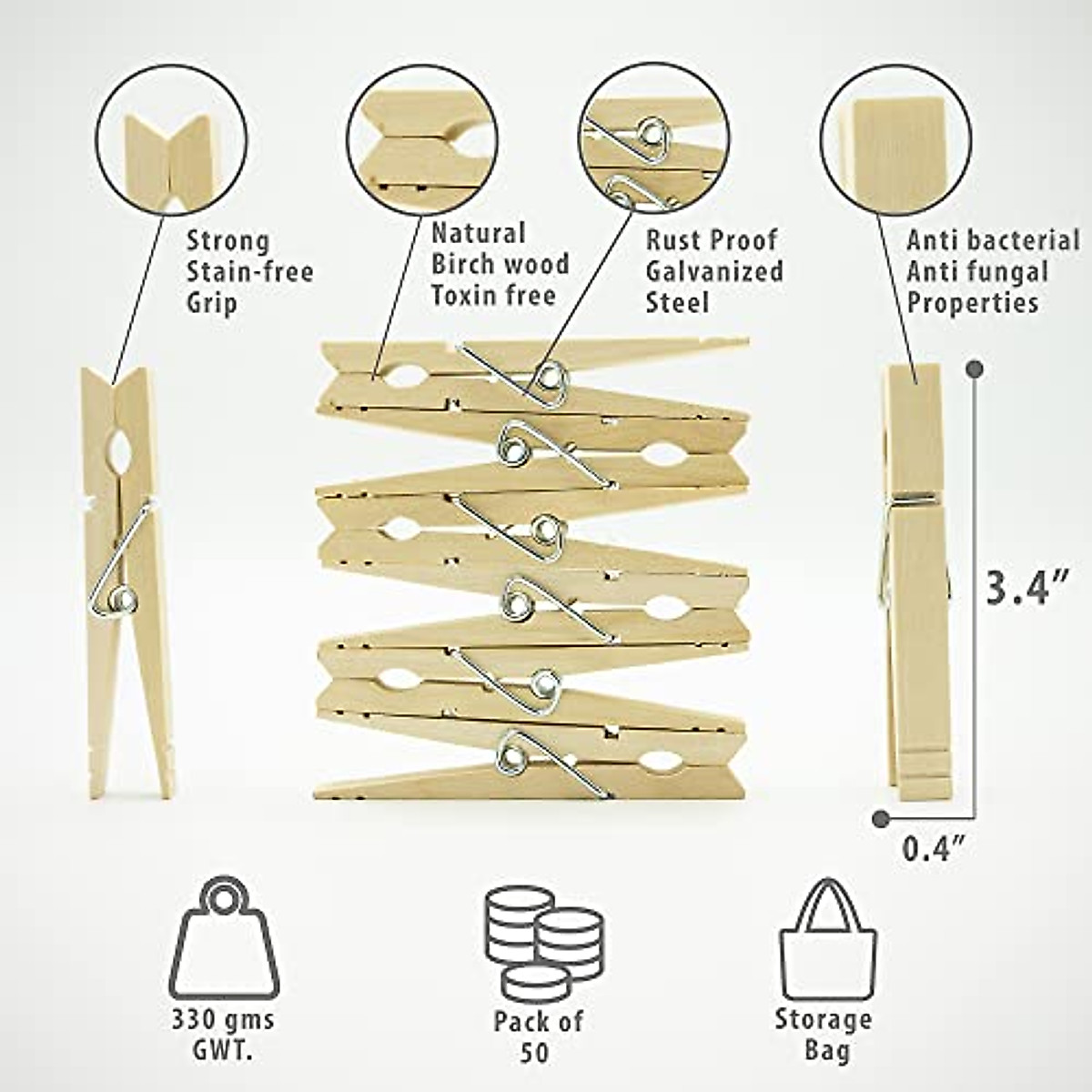 Wooden Clothespins for Crafts with Reusable Storage Bag – 50 Pack Natural Clothes Pins Heavy Duty Outdoor and Indoor Use, Moisture Resistant Laundry Clips with Strong Grip