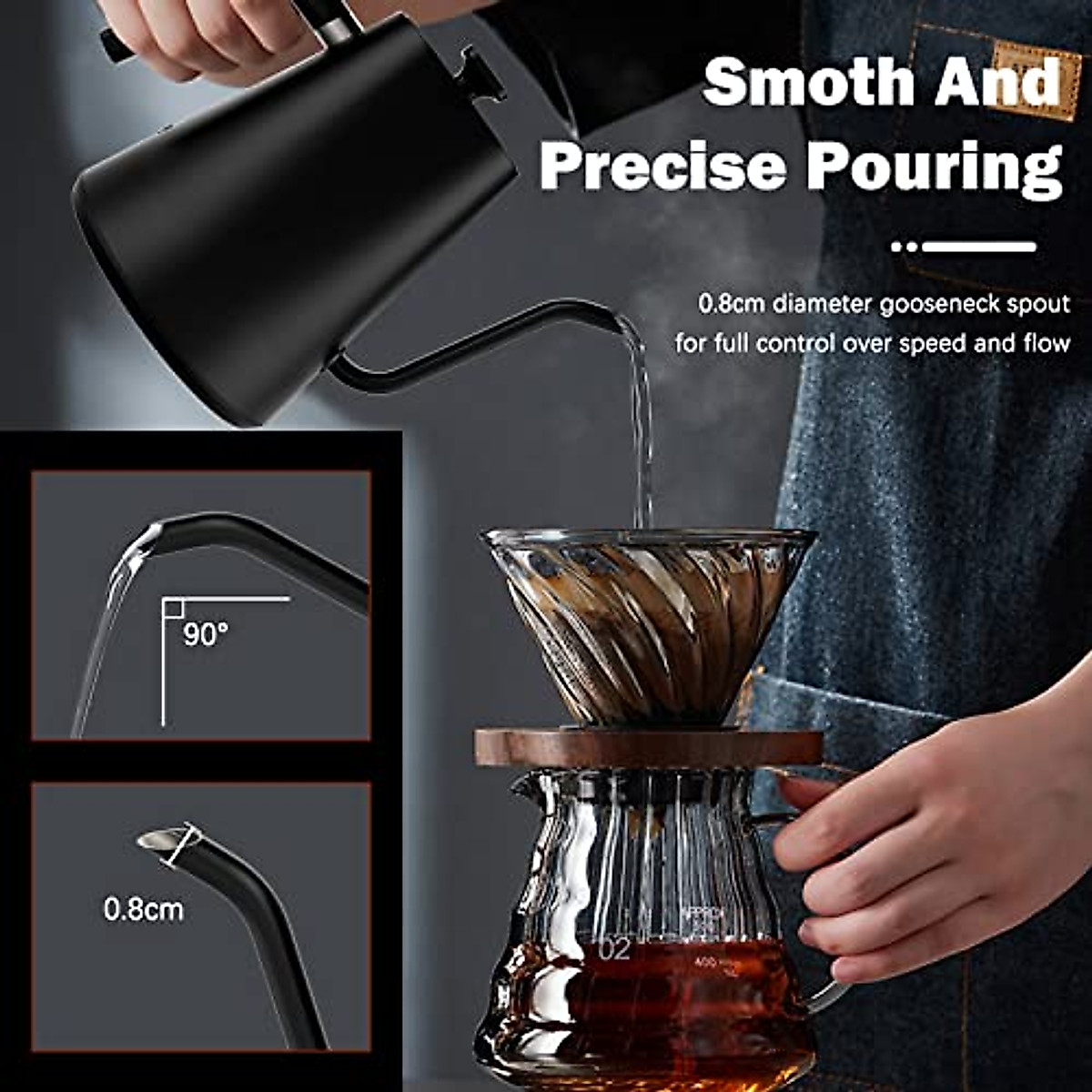 Vmotal Gooseneck Kettle, 1200W Electric Kettle with Fast Heating, Temperature Variable for Coffee Tea Brewing, Stainless Steel, Leak-Proof, 24H Keep Warm, Auto Shut off, Anti-dry Protection, 0.9L