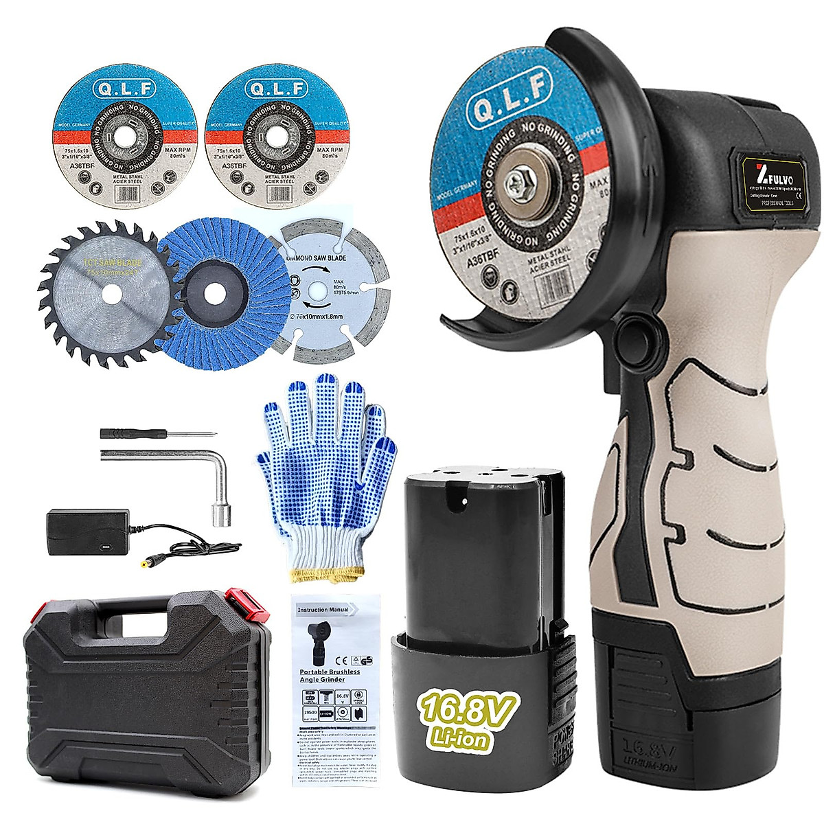 ZFULVO Cordless Brush Angle Grinder Kit, 19500rpm Mini Electric Angle Grinding Tool with 2pcs 16.8V 2000mAh Batteries and 5-Cutting Discs, Grinder Handheld Cutter for Metal Wood