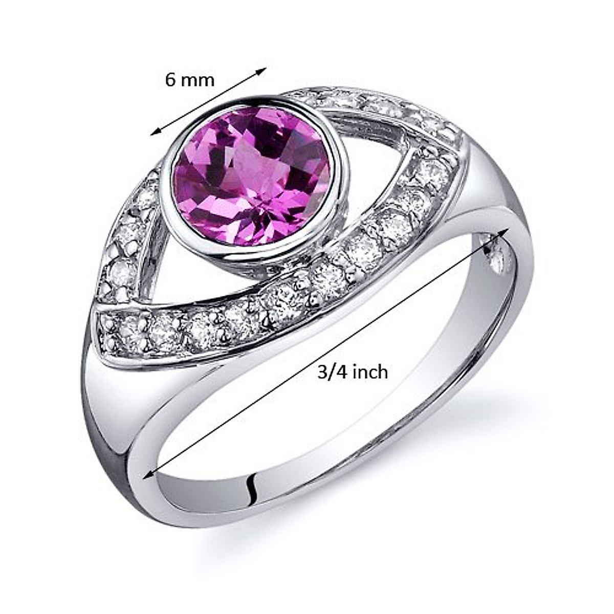 PEORA Created Pink Sapphire Ring in Sterling Silver, Enlightened Third Eye Design, 1 Carat Total Round Shape, 6mm, Size 6