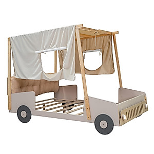 Bellemave Full Size Race Car Bed with LED Light and Ceiling Cloth, Wood Low Platform Bed Frame with Tufted Headboard and Support Slats for Kids Boys Girls Teens, Natural