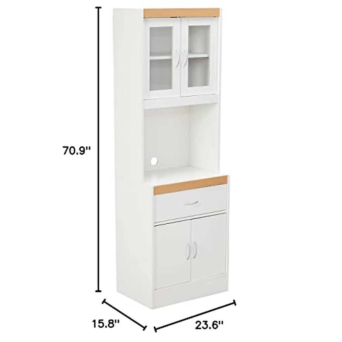 Hodedah Long Standing Kitchen Cabinet with Top & Bottom Enclosed Cabinet Space, One Drawer, Large Open Space for Microwave, White