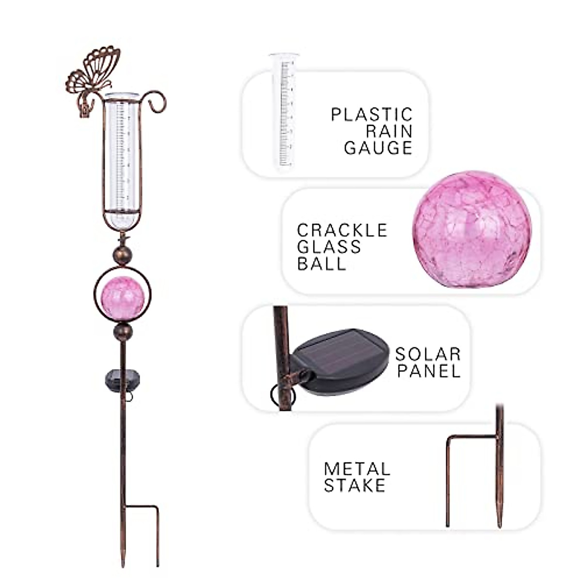 MUMTOP Rain Gauge Outdoor - 36 Inch Solar Butterfly Crackle Glass Stake Lights for Lawn, Yard and Garden