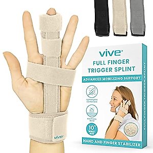 Vive Trigger Finger Splint - Full Hand and Wrist Brace Support - Adjustable Locking Straightener - Straightening Immobilizer Treatment For Sprains, Mallet Injury, Arthritis, Tendonitis (Beige)