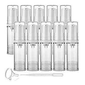 10 Pcs Clear Airless Pump Bottles,Refillable Empty Transparent Plastic Airless Lotion Pump Vacuum Container Diffuser Travel Size Lotion Sample Packing Vial-FREE Funnel,Dropper (5ml/0.17 Qunce)