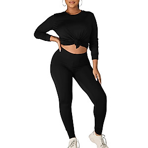Kaximil Women's Workout Tracksuit 2 Piece Outfits Long Sleeve Top Legging Jogger Pants Set, X-Large, Black