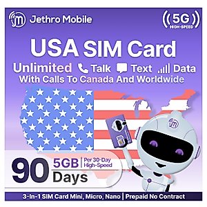 Jethro Mobile (3 Months) | Unlimited Talk Text & Data | 3-in-1 Prepaid Sim Card USA | Bring Your Own Cell Phone