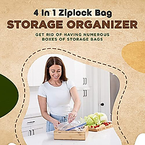 Spirack Ziplock bag organizer-Kitchen Drawer Organizer, Pantry Organization and Storage-Compatible with Gallon, Quart, Sandwich, and Snack Food Bags, Bamboo Baggie Organizer, with Hinged Lid (4 Slot)