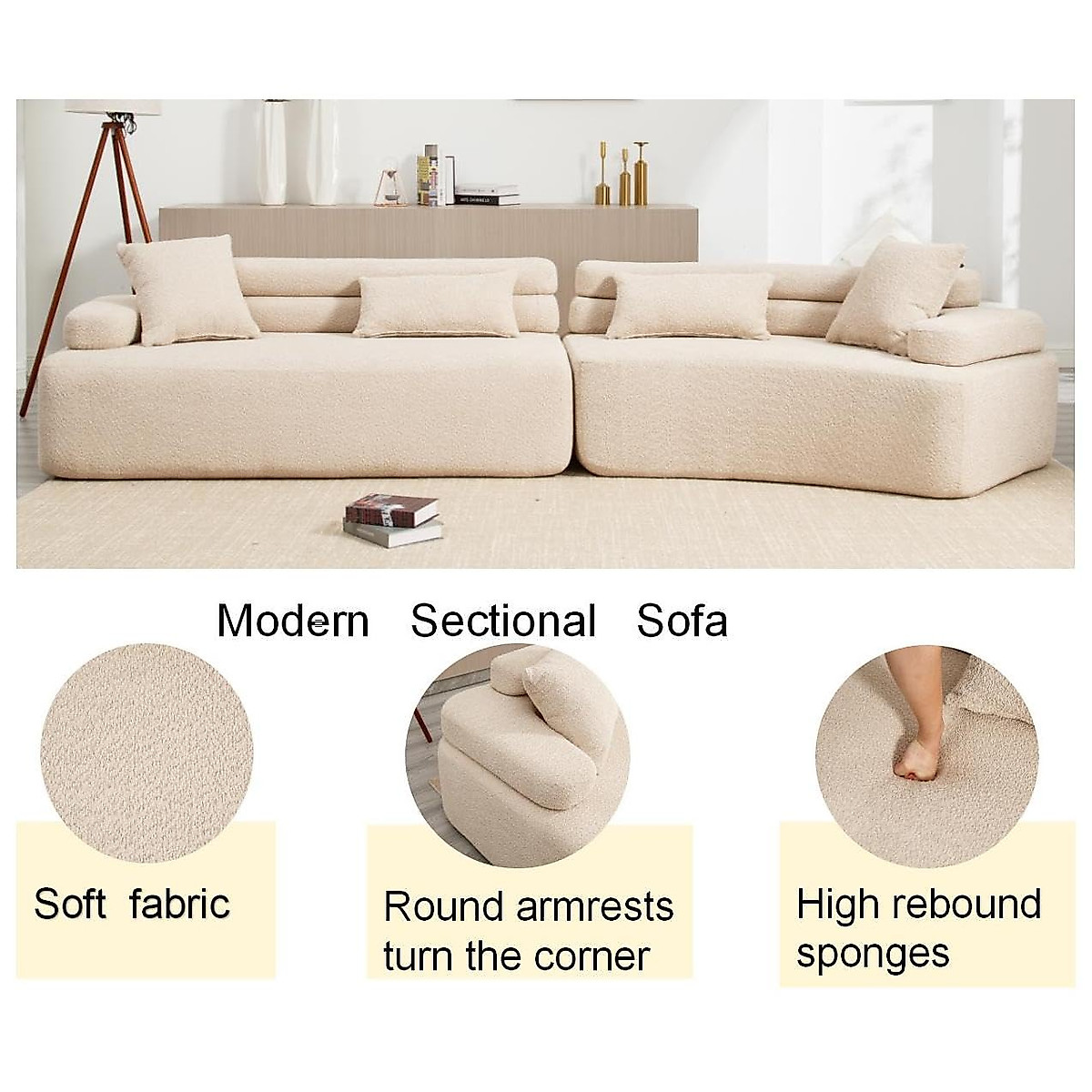 Modular Sectional Sofa, 139" Modern Minimalist Upholstered Curved Sofa Couch with 4 Pillows, 2 Piece Combination 4 Seater Sofa for Living Room Apartment Bedroom Office, No Assembly Required (Khaki)